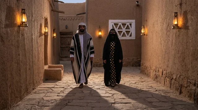 Saudi Couple in Traditional Dress by Mud Wall - Photo