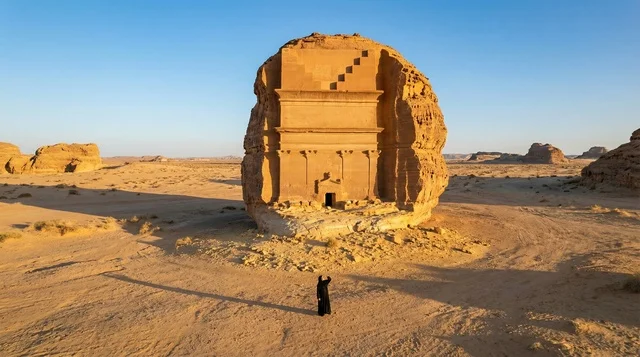 Saudi Man at Qasr al-Farid AlUla Sunset Aerial View - Photo