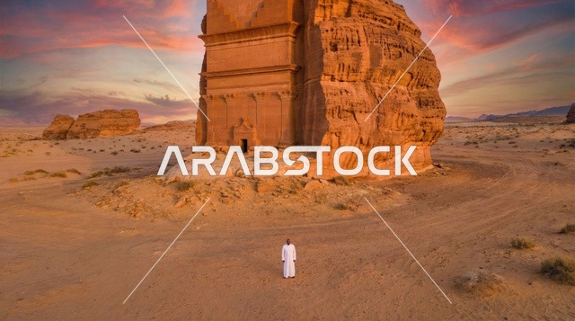 Saudi Man at Qasr al-Farid AlUla Sunset Aerial View - Photo