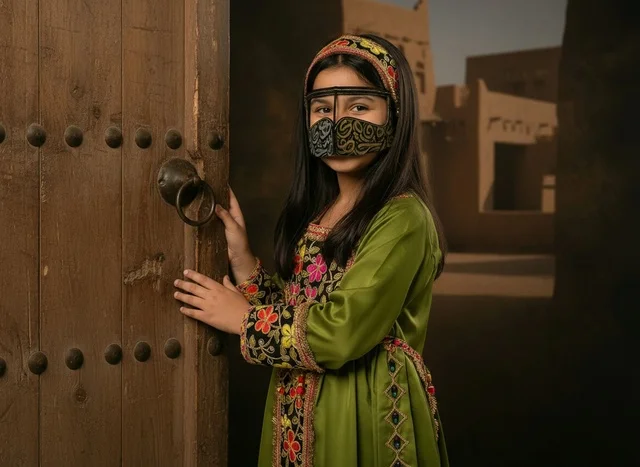 Emirati Girl in Traditional Dress Using Smartphone - Photo