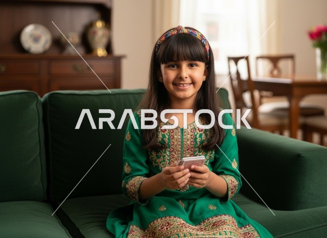 Saudi Girl in Traditional Green Dress with Playing Cards - Photo