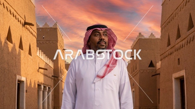 Saudi Man in Traditional Mud Village at Sunset - Photo