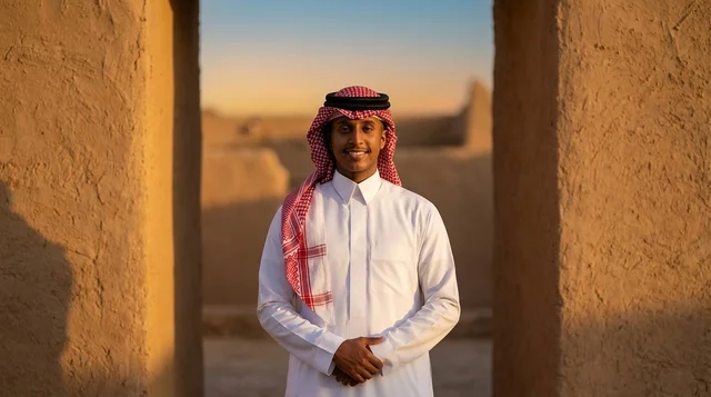 Saudi Man in Traditional Mud Village at Sunset - Photo