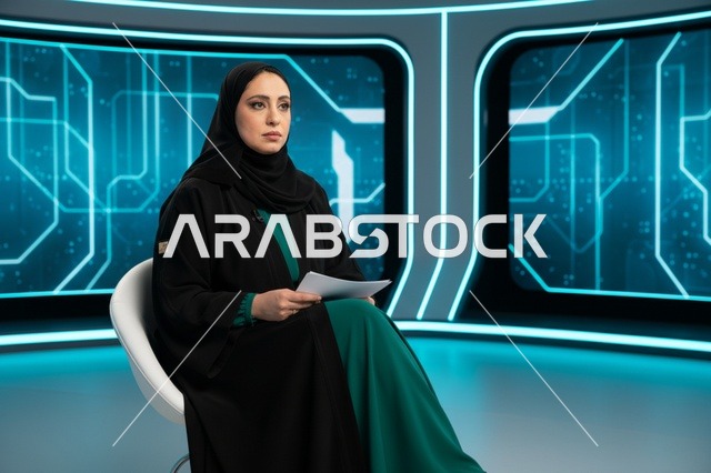 Emirati News Anchor in Modern Digital Studio - Photo