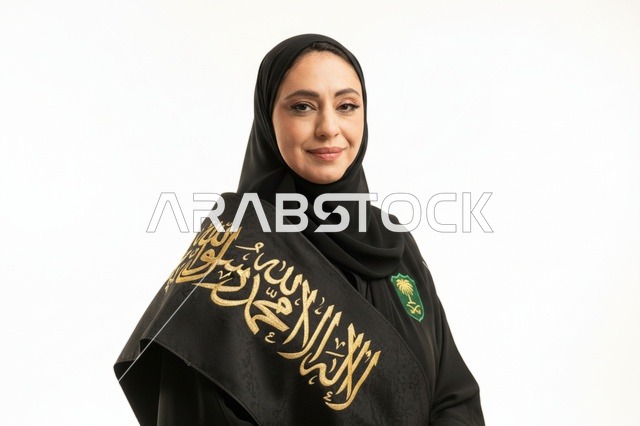 Saudi Woman in Abaya with National Emblem Portrait - Photo