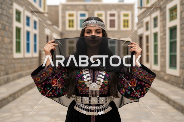 Saudi Woman in Traditional Asiri Dress and Silver Jewelry - Photo