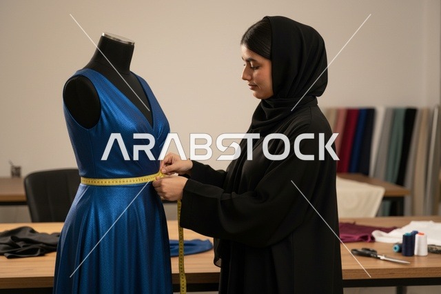 Arab Seamstress Measuring Dress on Mannequin in Studio - Photo