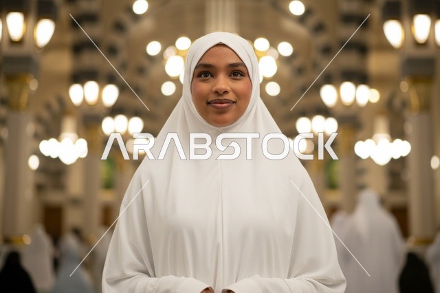 African Woman in White Hijab inside Mosque Interior - Photo