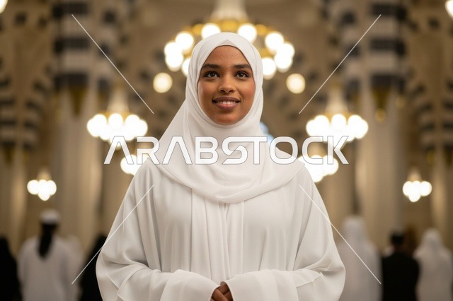 Saudi Woman in White Abaya at Prophet's Mosque Medina - Photo
