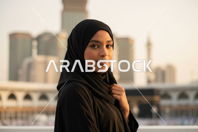 Saudi Woman at the Grand Mosque in Mecca at Sunset - Photo