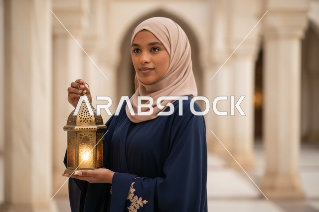 Emirati Woman in Mosque Holding Ramadan Lantern - Photo