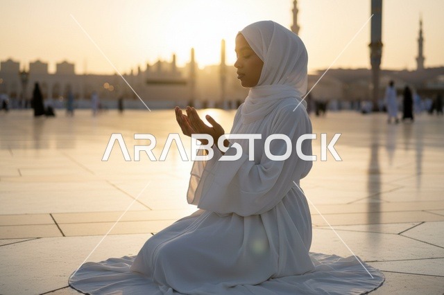 African Muslim Woman Praying at Medina Prophet's Mosque - Photo