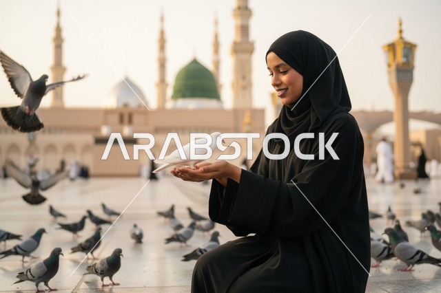 Saudi Woman with Pigeon at Al-Masjid an-Nabawi Medina - Photo