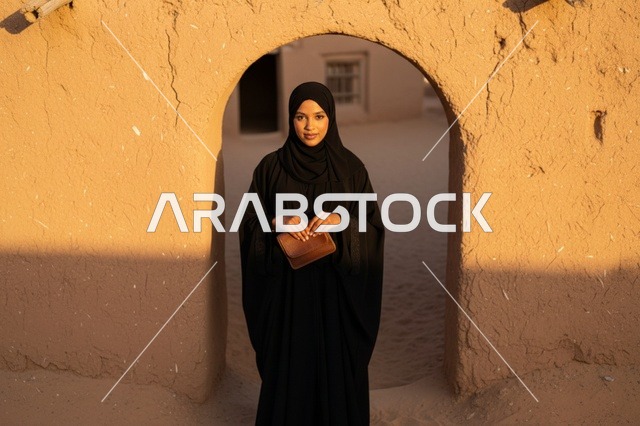 Saudi Woman in Traditional Abaya at Heritage Site - Photo
