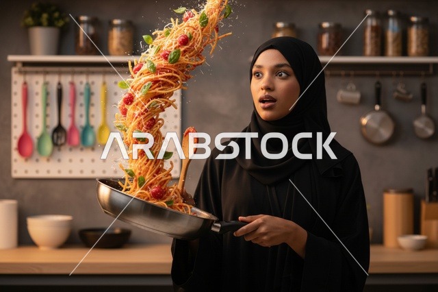Saudi Woman in Abaya Cooking Flying Pasta in Kitchen - Photo