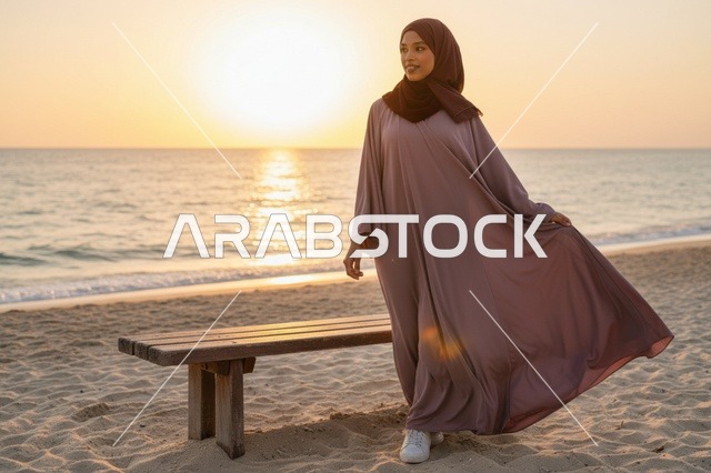 Arab Woman in Abaya on Beach at Sunset - Photo