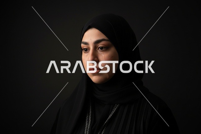 Emotional Sad Arab Woman in Black Hijab Crying Portrait - Photo