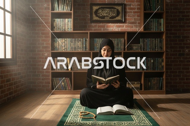 Saudi Woman in Abaya Reading Quran in Islamic Library - Photo