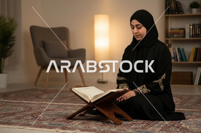 Saudi Woman Reading Holy Quran in Black Abaya - Photo