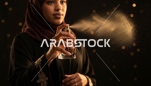 Saudi Woman Spraying Luxury Perfume in Abaya - Photo