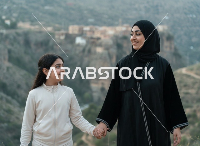 Saudi Woman and Girl in Asir Mountains - Photo