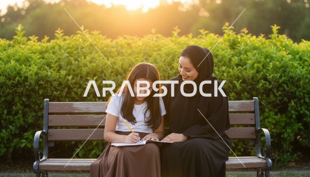 Arab Mother and Daughter Writing in Park at Sunset - Photo