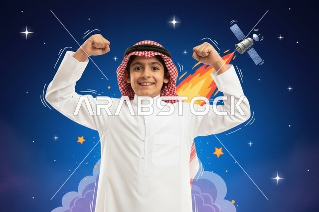 Saudi Boy in Thobe Success Pose with Space Theme - Photo