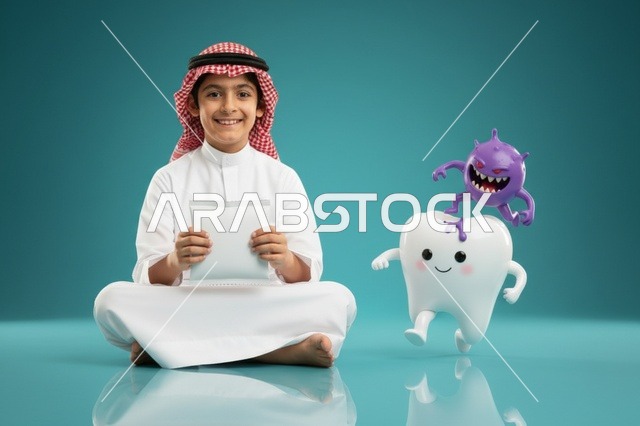 Saudi Boy with Tooth Character and Product Mockup - Photo