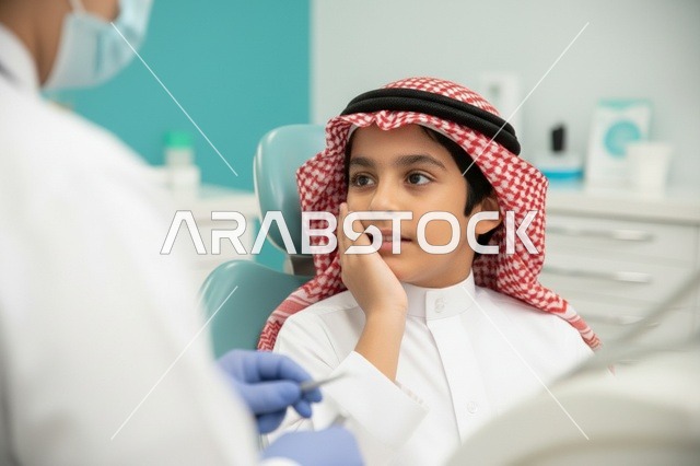 Saudi Boy with Toothache at Dental Clinic - Photo