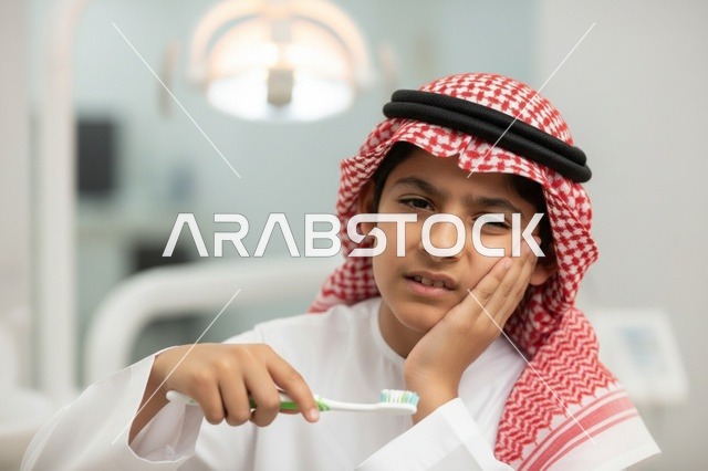 Saudi Boy with Toothache in Dental Clinic - Photo