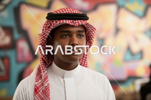 Saudi Man in Traditional Dress with Graffiti Background - Photo
