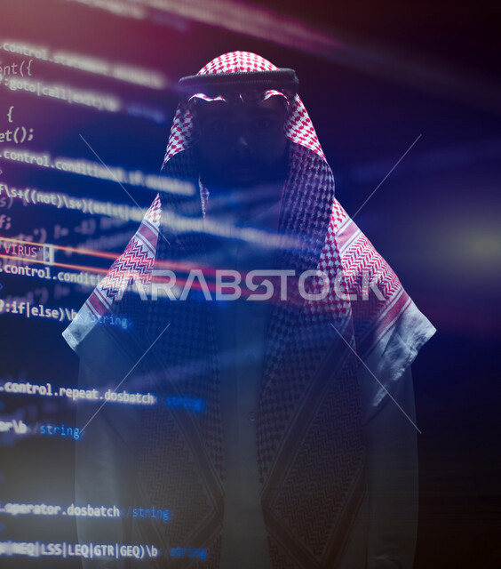 A Saudi Arabian Gulf man working as a web developer, using programming ...