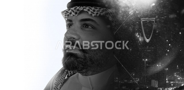 A close-up of the face of a Saudi Arabian Gulf man looking to achieve a ...