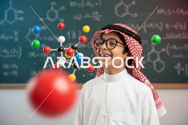 Saudi Boy in Thobe Studying Molecular Science - Photo