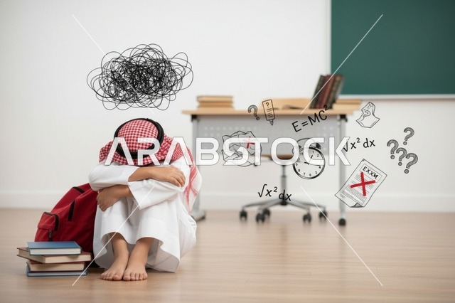 Stressed Saudi Student in Classroom with Exam Graphics - Photo