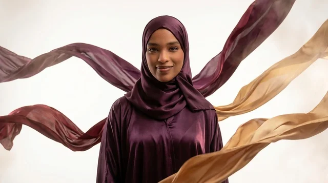 Saudi Woman in Green Satin Abaya with Crystals - Photo