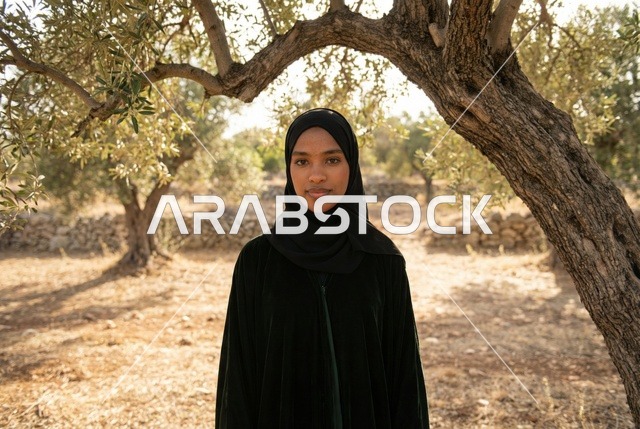 Somali Woman in Black Abaya under Olive Tree - Photo