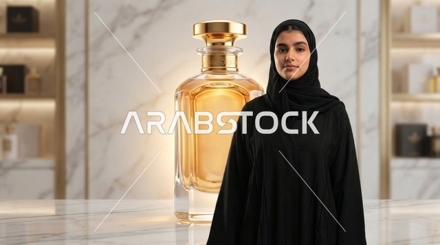 Saudi Woman with Luxury Perfume Bottle in Boutique - Photo