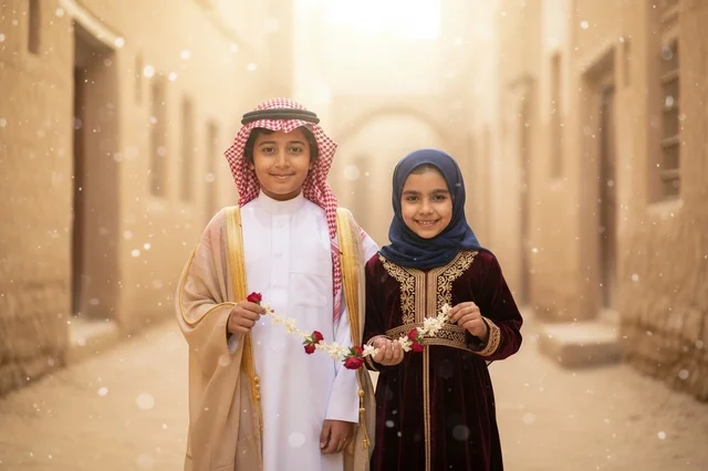 Saudi Children in Traditional Clothing by Heritage Door - Photo