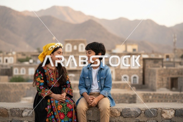 Arab Children in Traditional Dress in Mountain Village - Photo