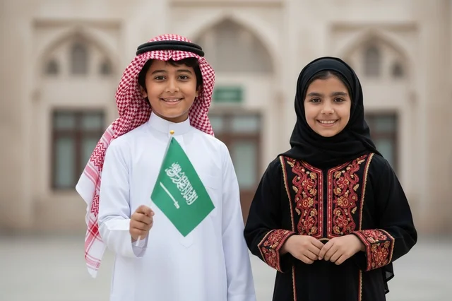 Saudi Children in Traditional Clothing by Heritage Door - Photo