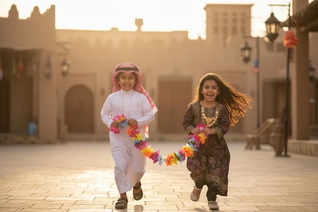 Saudi Children in Traditional Clothing by Heritage Door - Photo