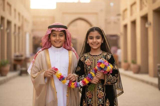 Saudi Children in Traditional Clothing at Historical Fort - Photo