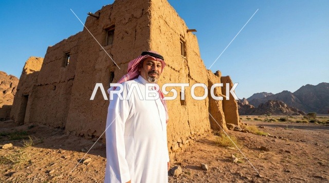 Saudi Man in Traditional Dress at Ancient Mud Fortress - Photo