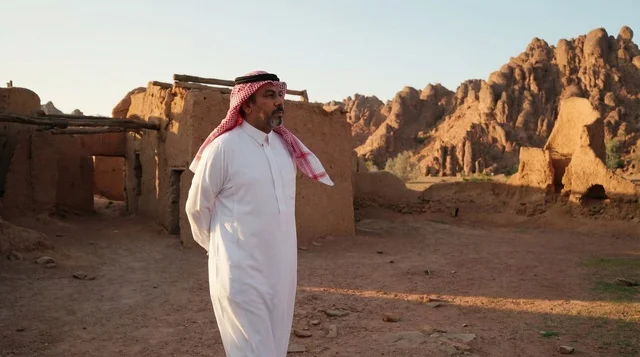 Saudi Woman in Traditional Abaya Overlooking Ancient Ruins - Photo
