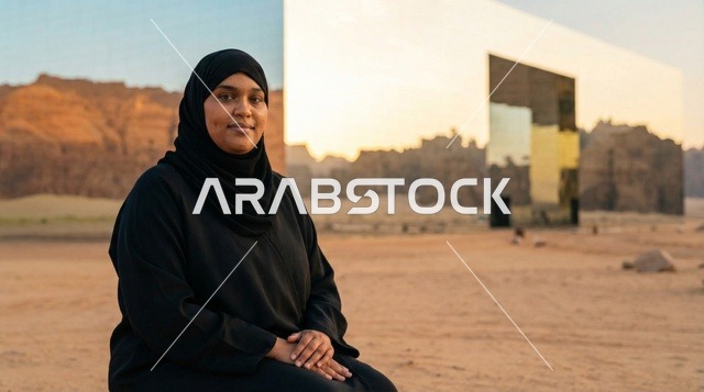 Saudi Woman at Maraya Building AlUla Desert Sunset - Photo