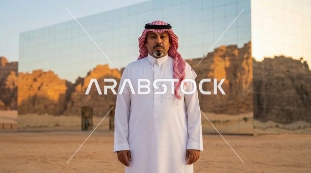 Saudi Man at Maraya Building AlUla Reflection - Photo