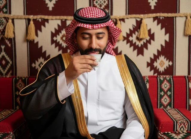 Saudi Man in Traditional Dress Pouring Arabic Coffee - Photo