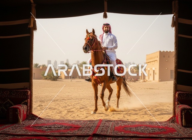 Saudi Man on Arabian Horse in Desert Heritage Camp - Photo
