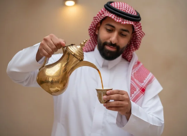 Saudi Man in Traditional Dress at Desert Camp at Night - Photo